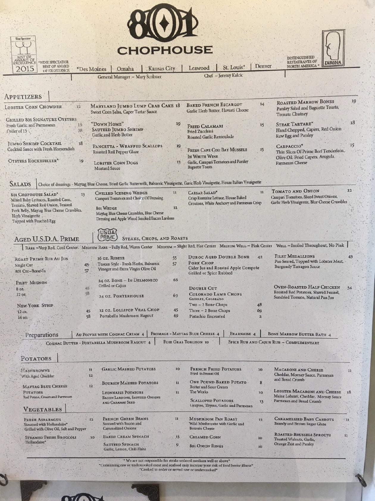 Menu at 801 Chophouse steakhouse, Denver