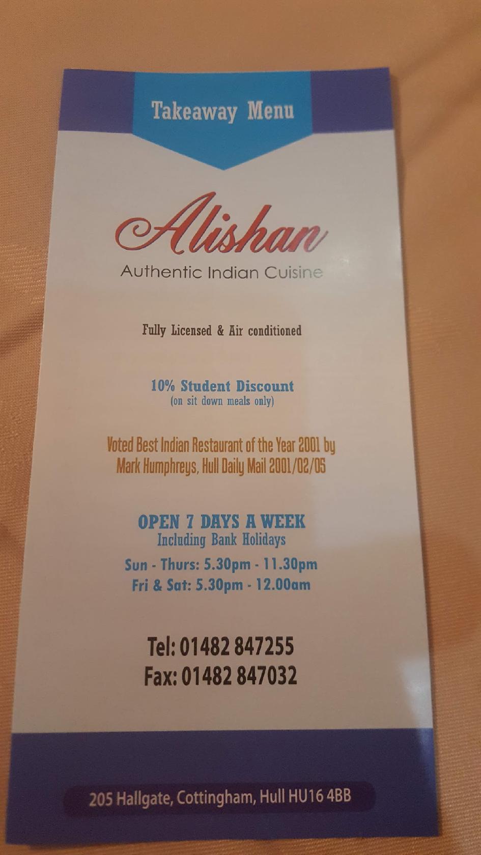 Menu at Alishaan restaurant, Cottingham