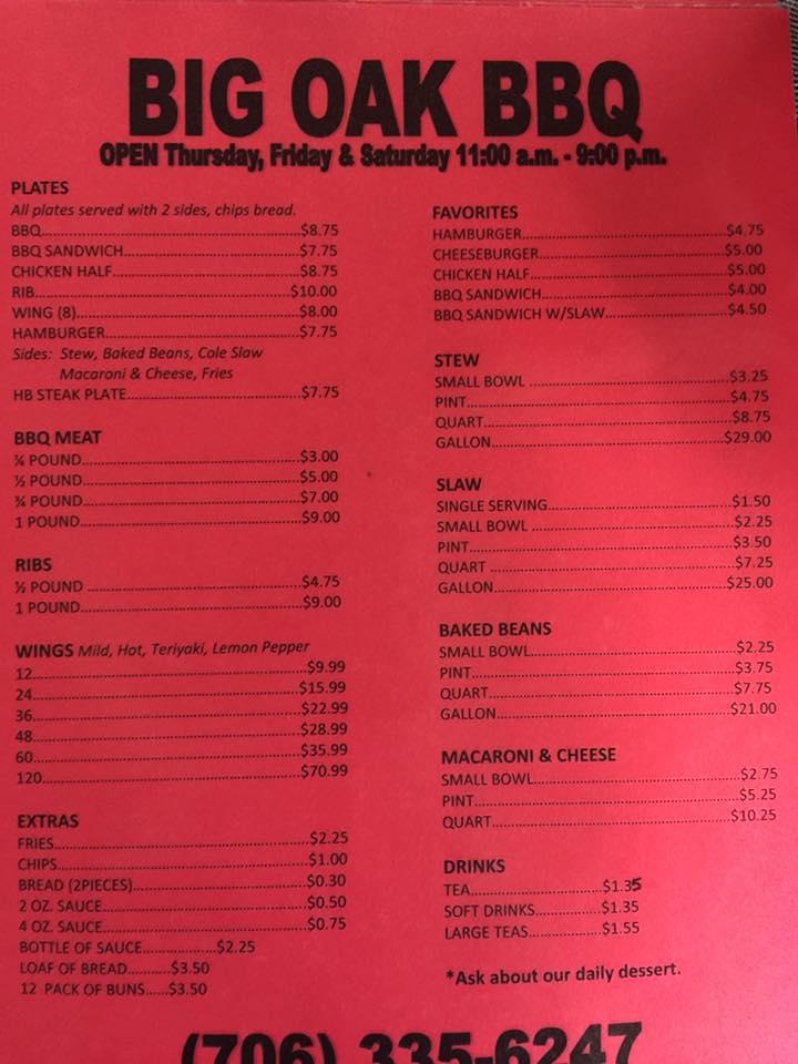 Menu at Big Oak BBQ, Commerce