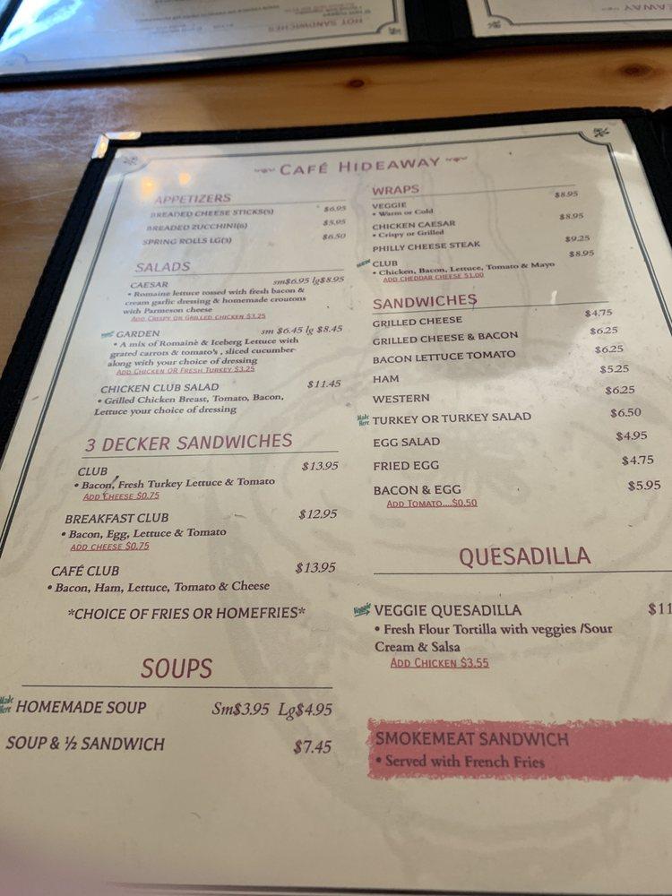 Menu at Cafe Hideaway, Perth