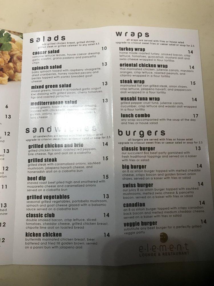 Menu at Element Lounge and Restaurant, Toronto