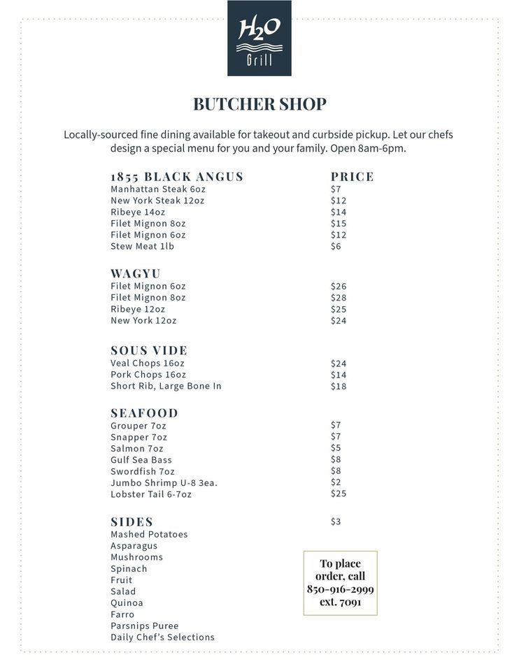Menu at H2O restaurant, Pensacola Beach