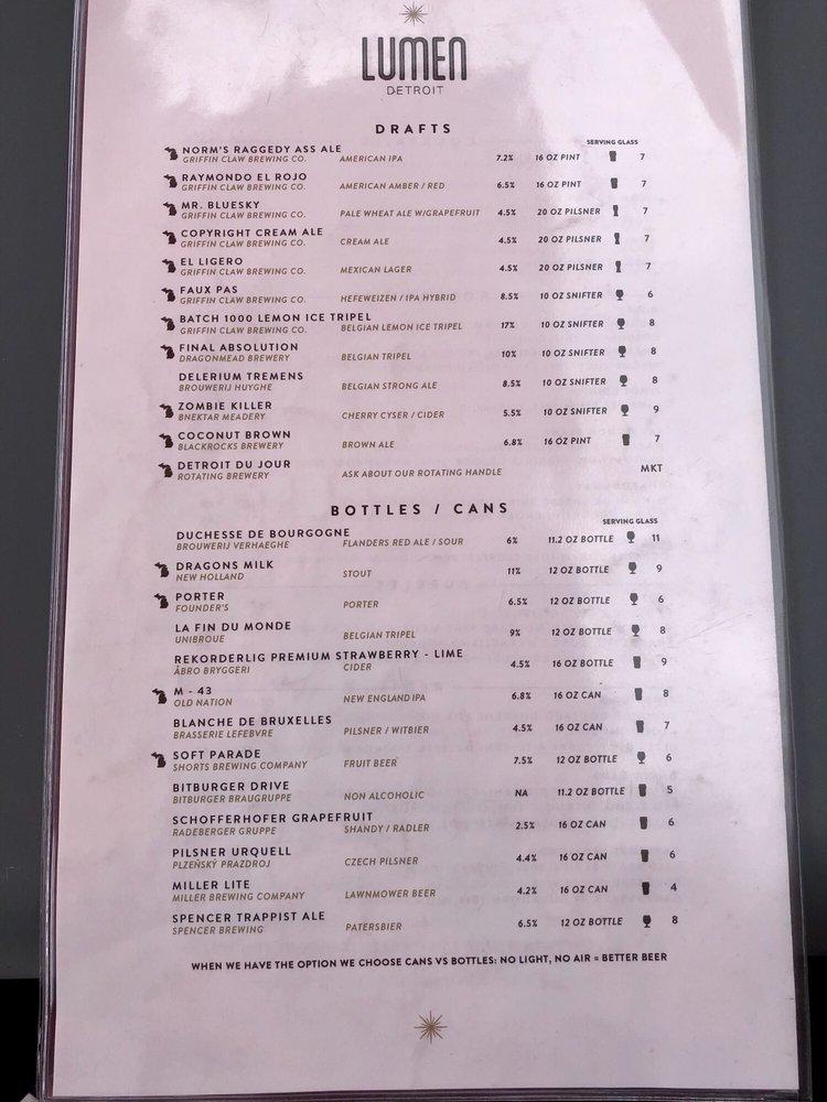 Menu at Lumen Detroit restaurant, Detroit