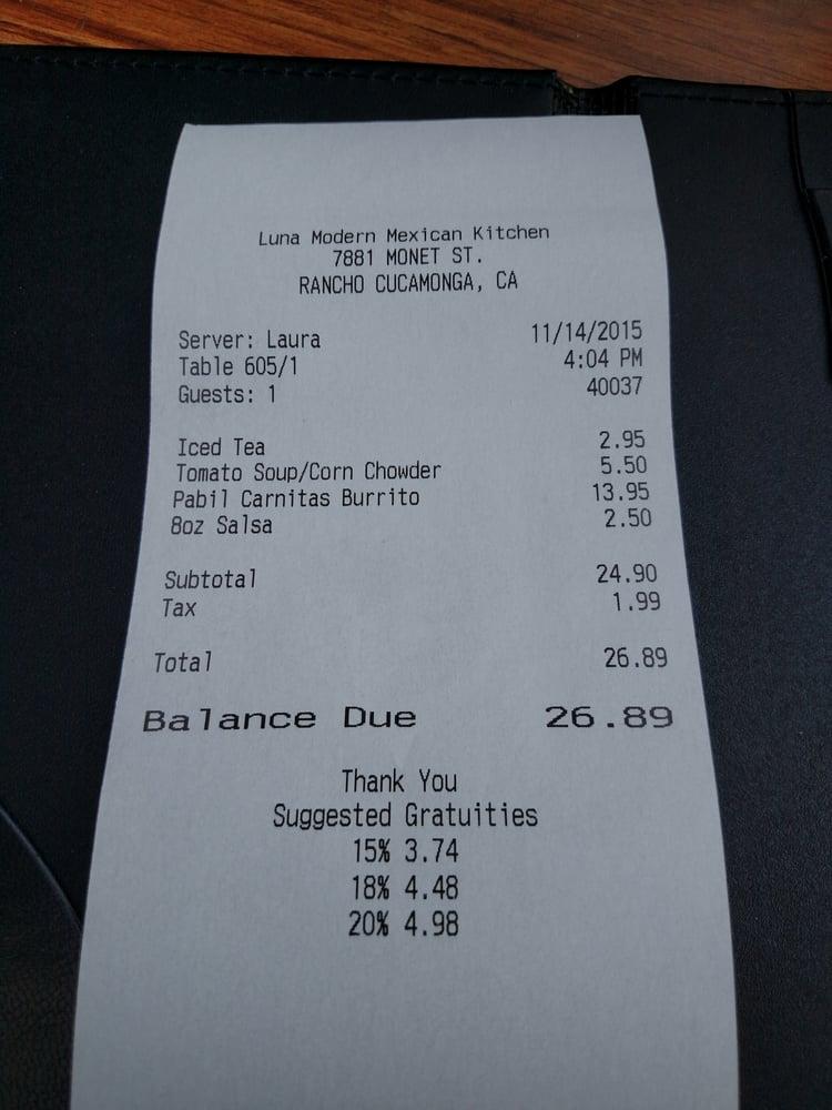 Menu at Luna Modern Mexican Kitchen restaurant, Rancho Cucamonga