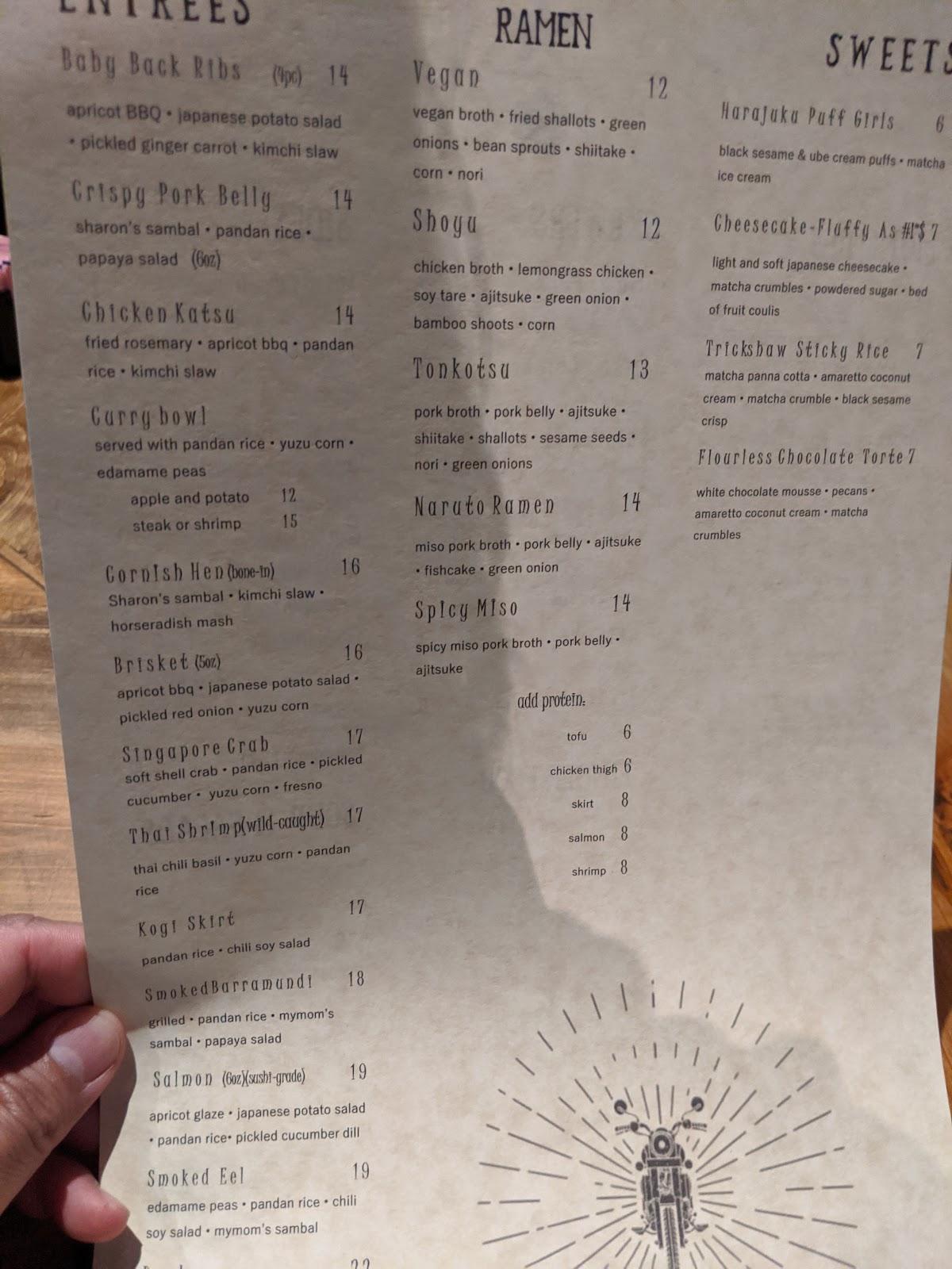 Menu at NoMi restaurant, El Paso