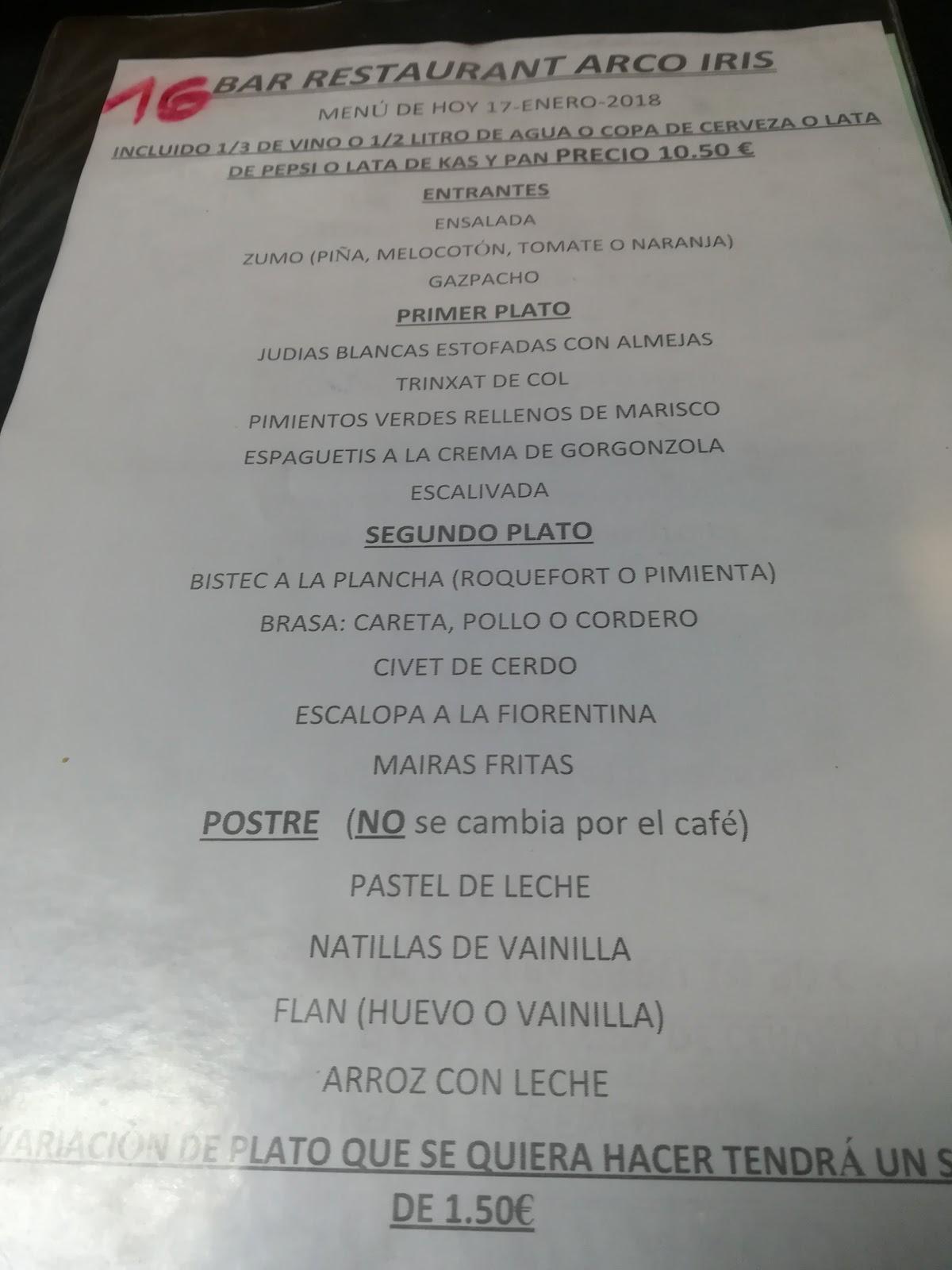 Carta de Restaurant Arco Iris, Canovellas