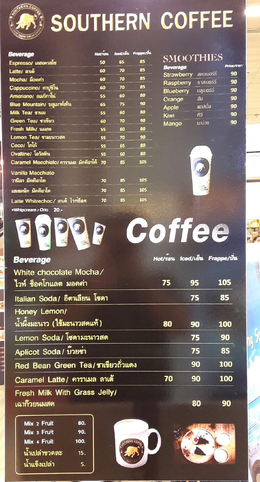 Menu at Southern Coffee Central Pattaya cafe, Pattaya City