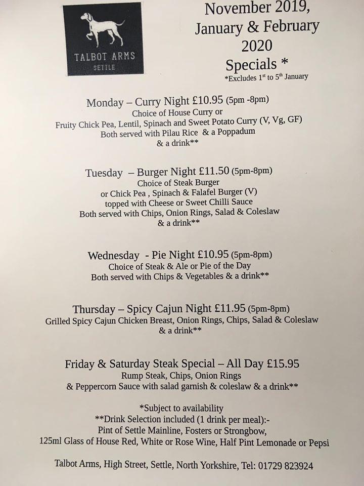 Menu at Talbot Arms pub & bar, Settle