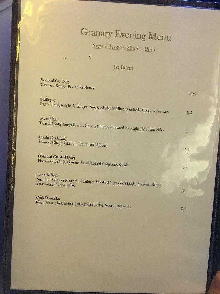 Menu at The Granary cafe, Portree
