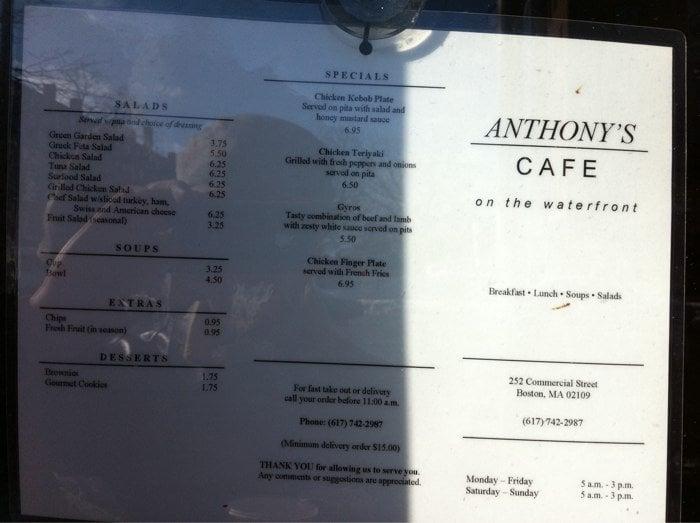 Menu at Anthony's Cafe, Boston