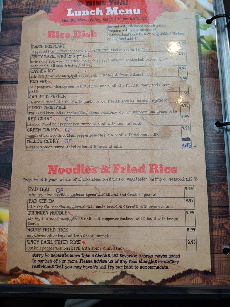 Menu at At Nine Thai restaurant, Centennial