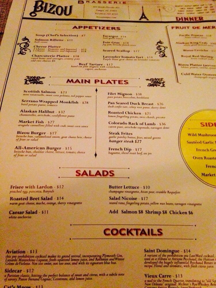 Menu at Bizou Brasserie pub & bar, Tampa