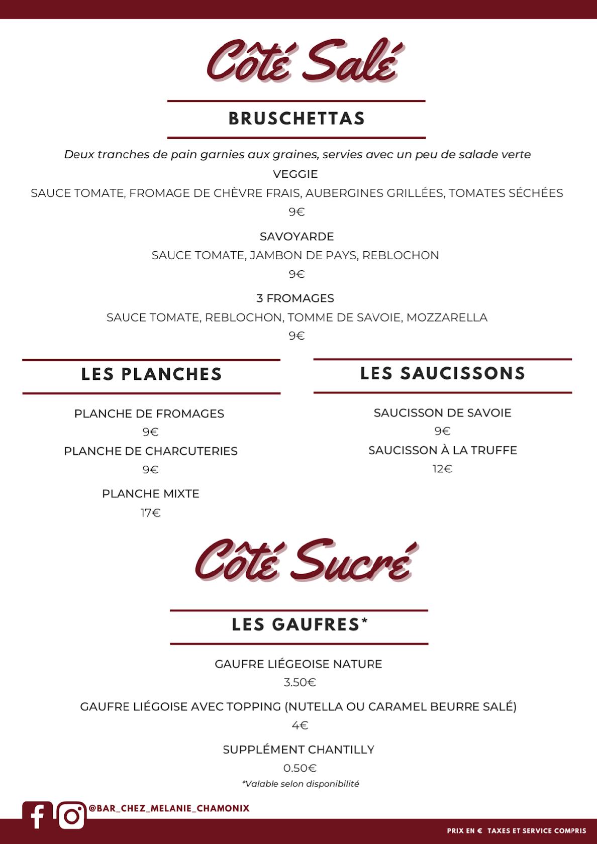 Menu at Café Bar - Chez Mélanie Chamonix Mont-Blanc, Chamonix