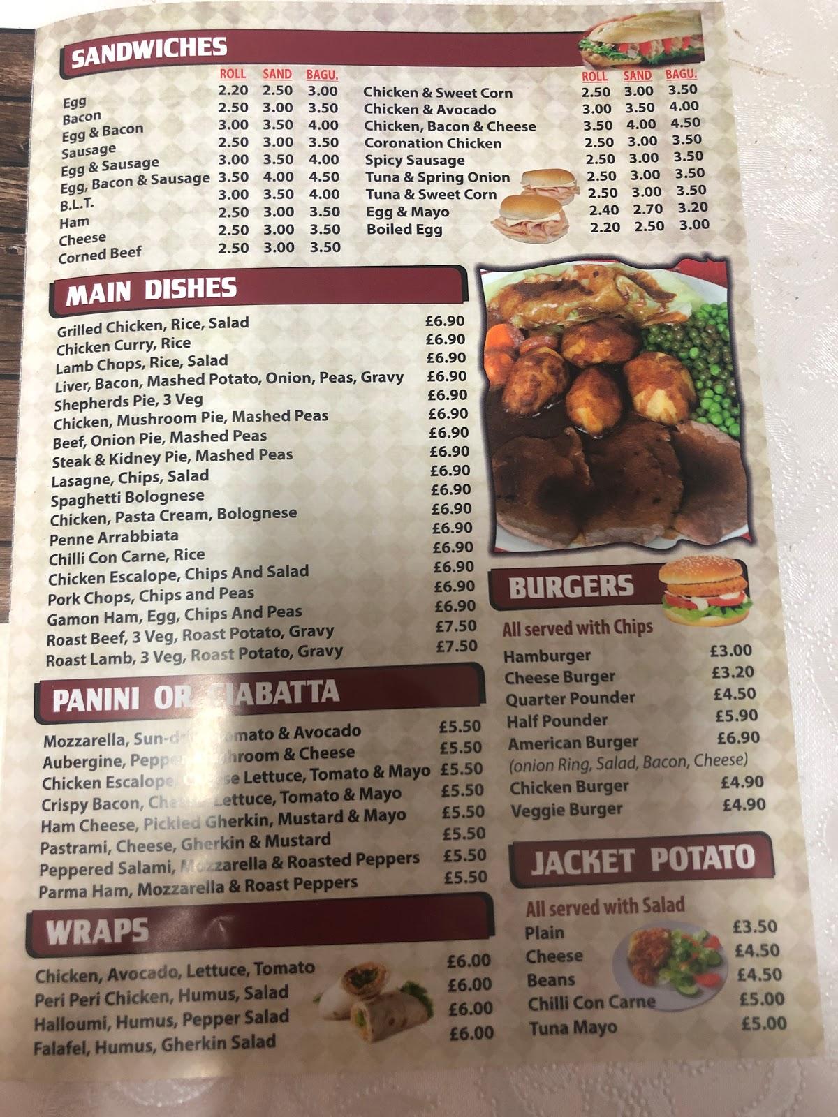 Menu at Dream cafe, Romford