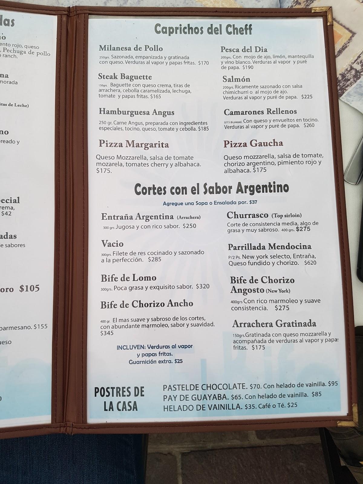 Menu at El Bife Parrilla Argentina, Mazatlán
