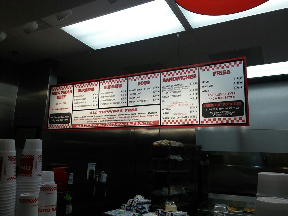 Menu at Five Guys fast food, New Orleans, 401 N Carrollton Ave