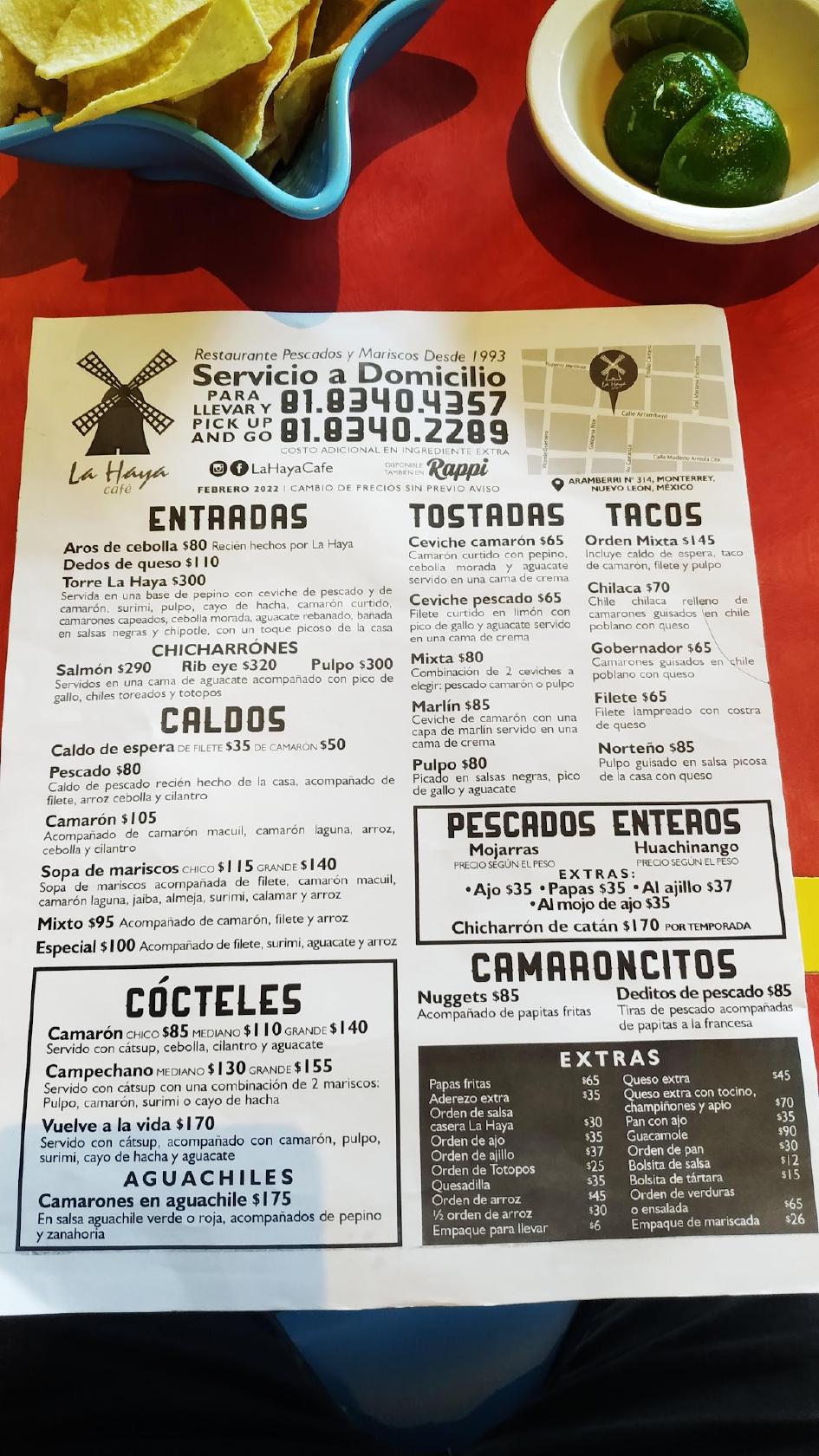 Carta del restaurante La Haya, Monterrey