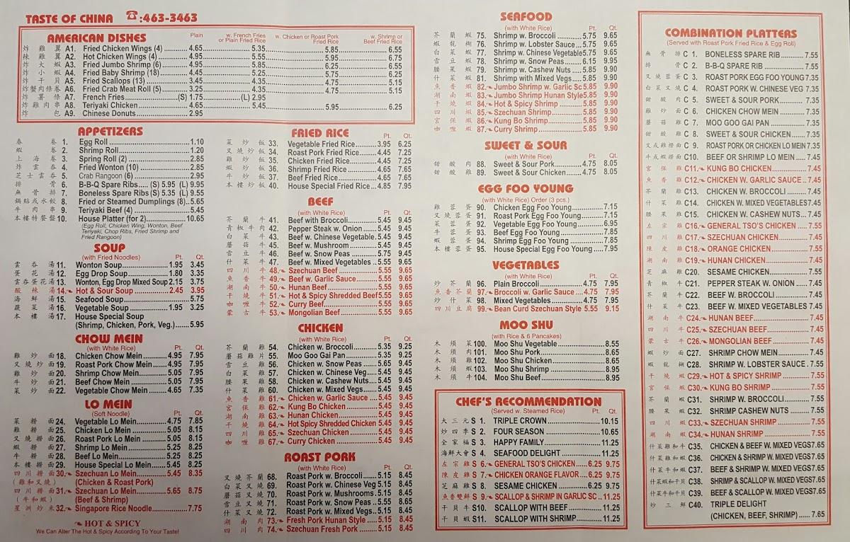 Menu at Taste of China restaurant, Havelock
