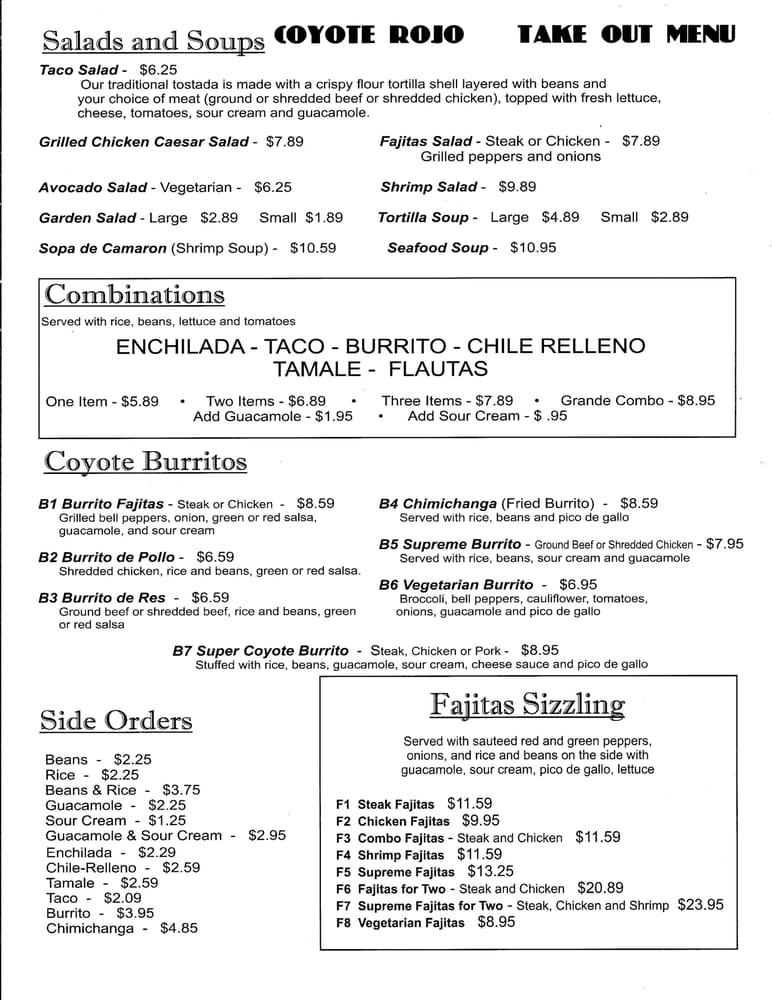 Menu at Coyote Rojo restaurant, Groveland