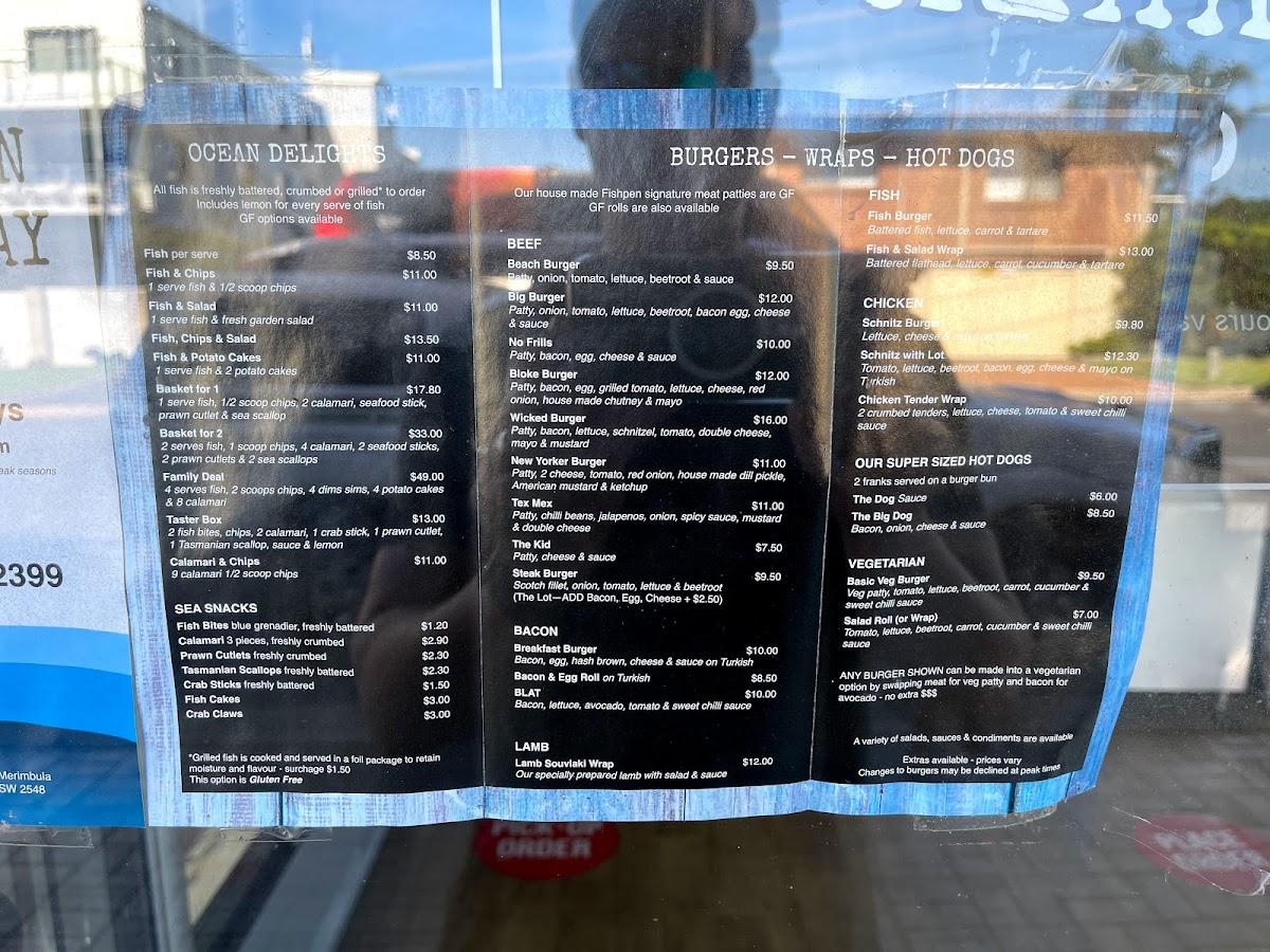 Menu at Fishpen Takeaway fast food, Merimbula