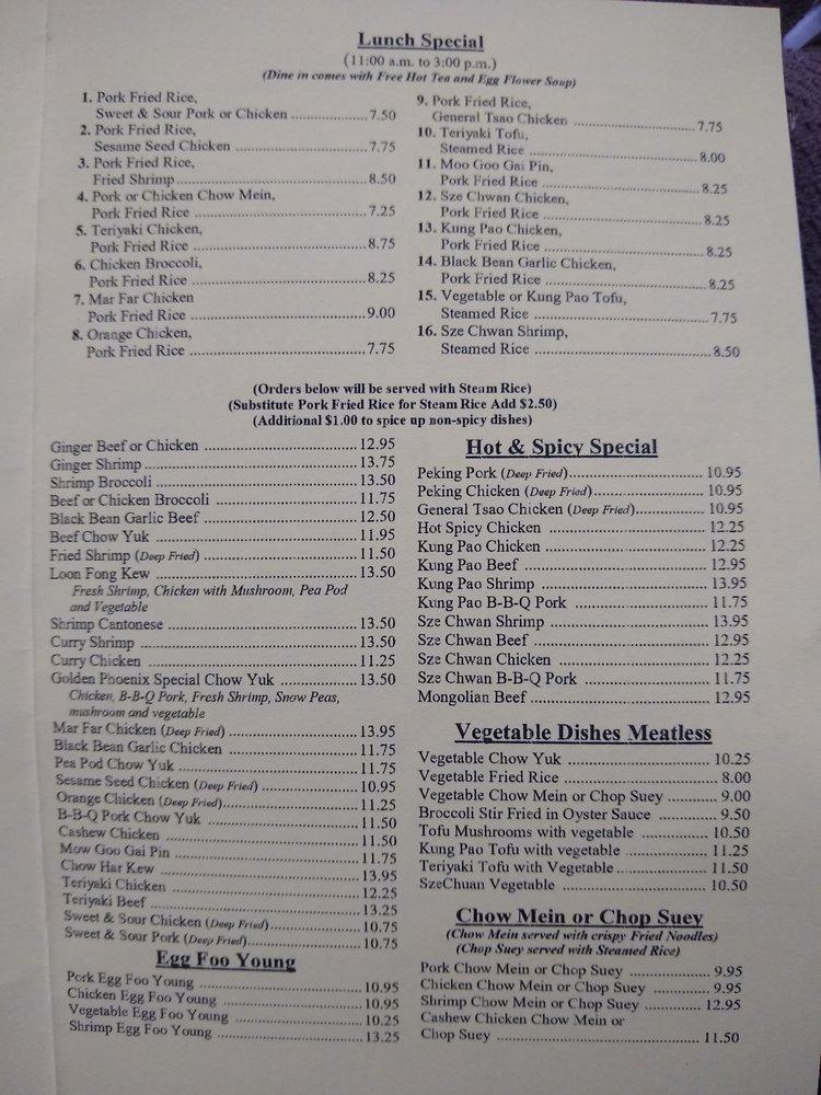 Menu at Golden Phoenix Chinese Restaurant, Phoenix