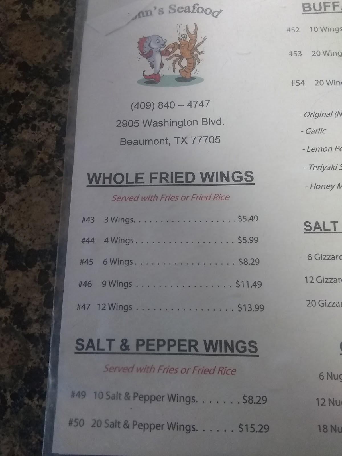 Menu at John's Seafood restaurant, Beaumont