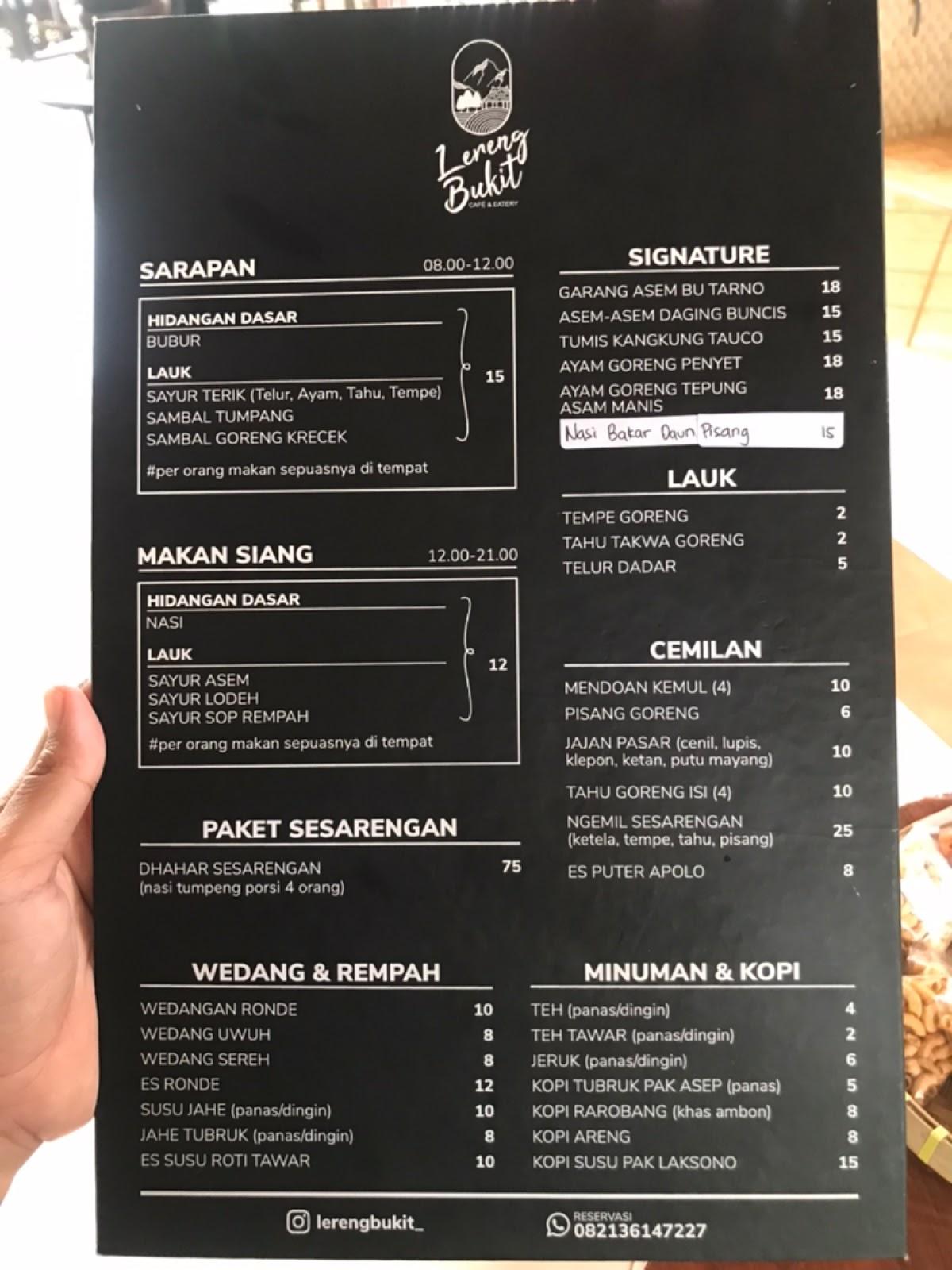 Menu at Lereng Bukit Cafe & Eatery, Semarang
