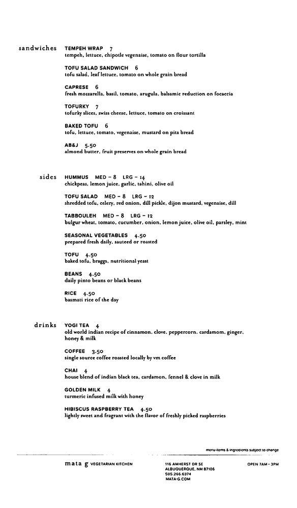 Menu at Mata G restaurant, Albuquerque