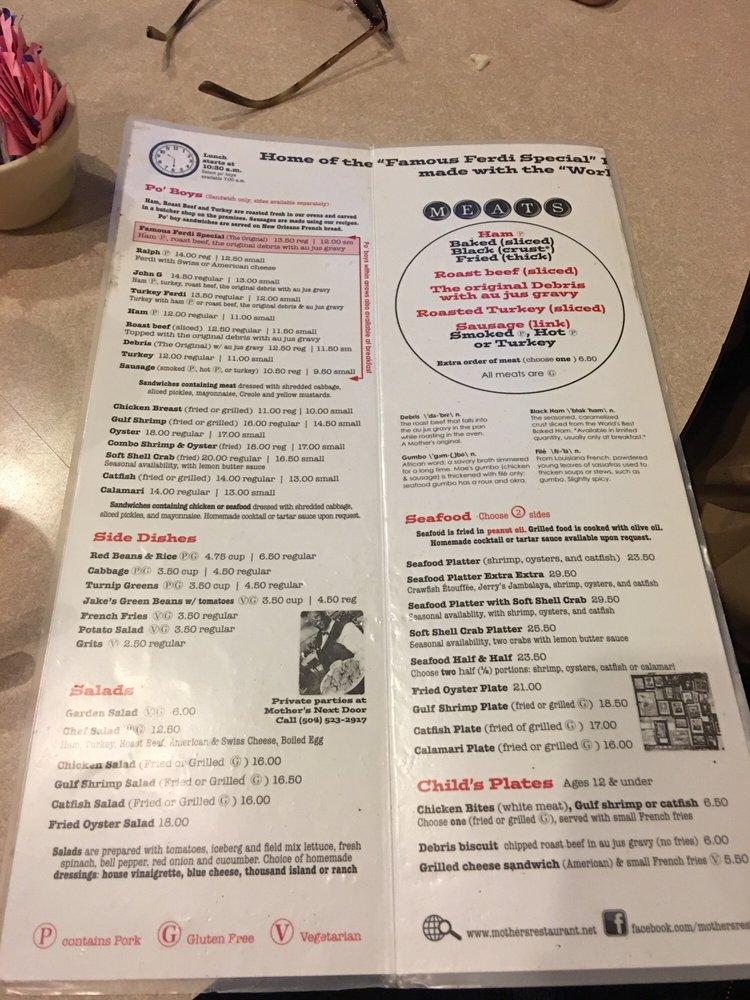 Menu at Mother's Restaurant, New Orleans
