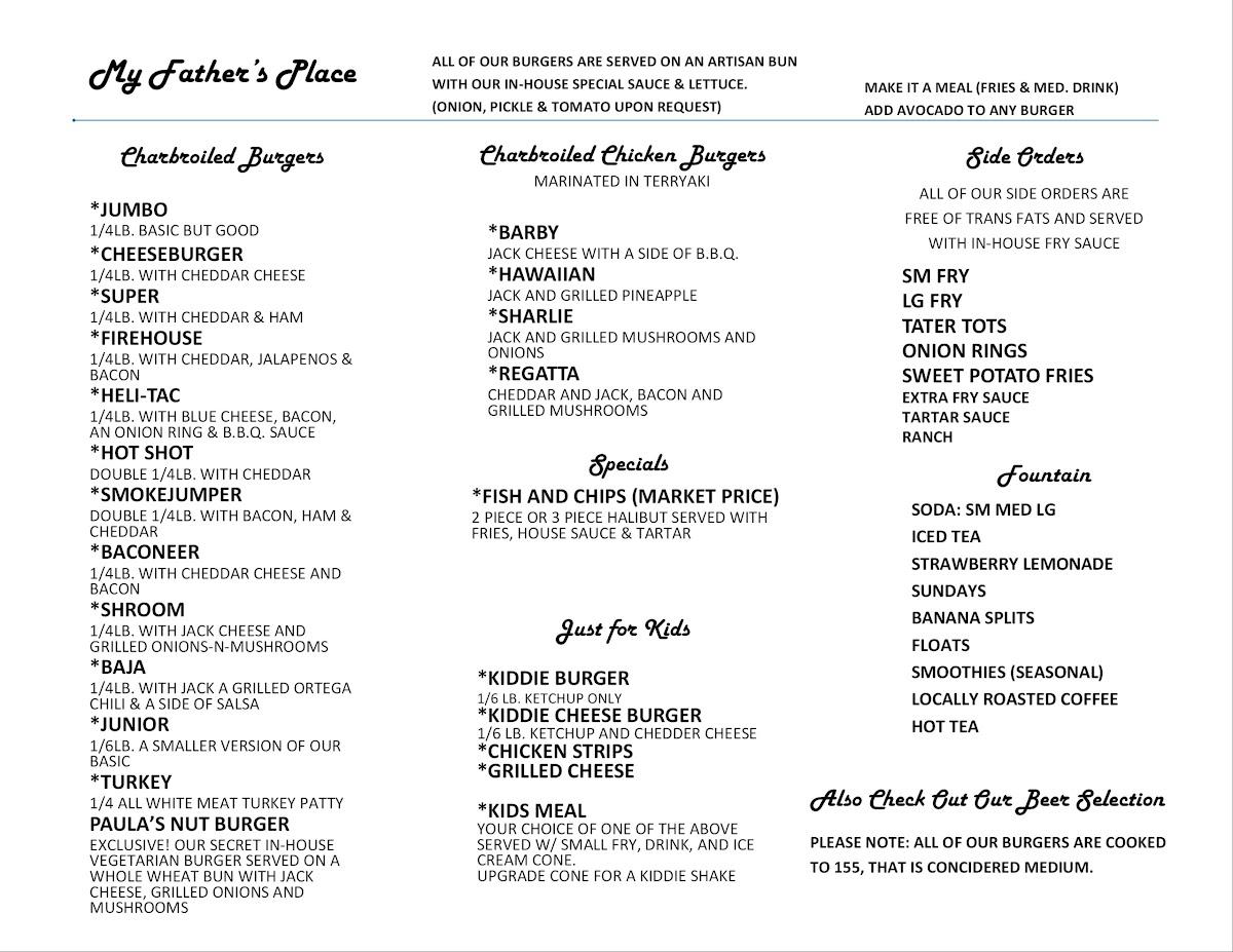 Menu at My Father's Place restaurant, McCall