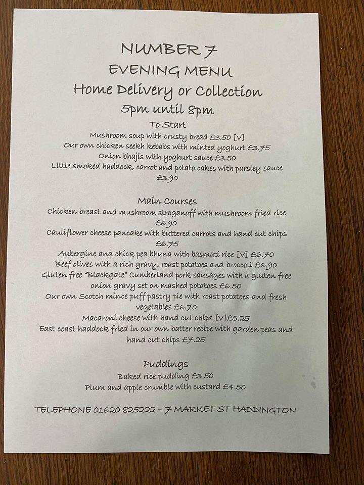 Menu at Number 7 restaurant, Haddington