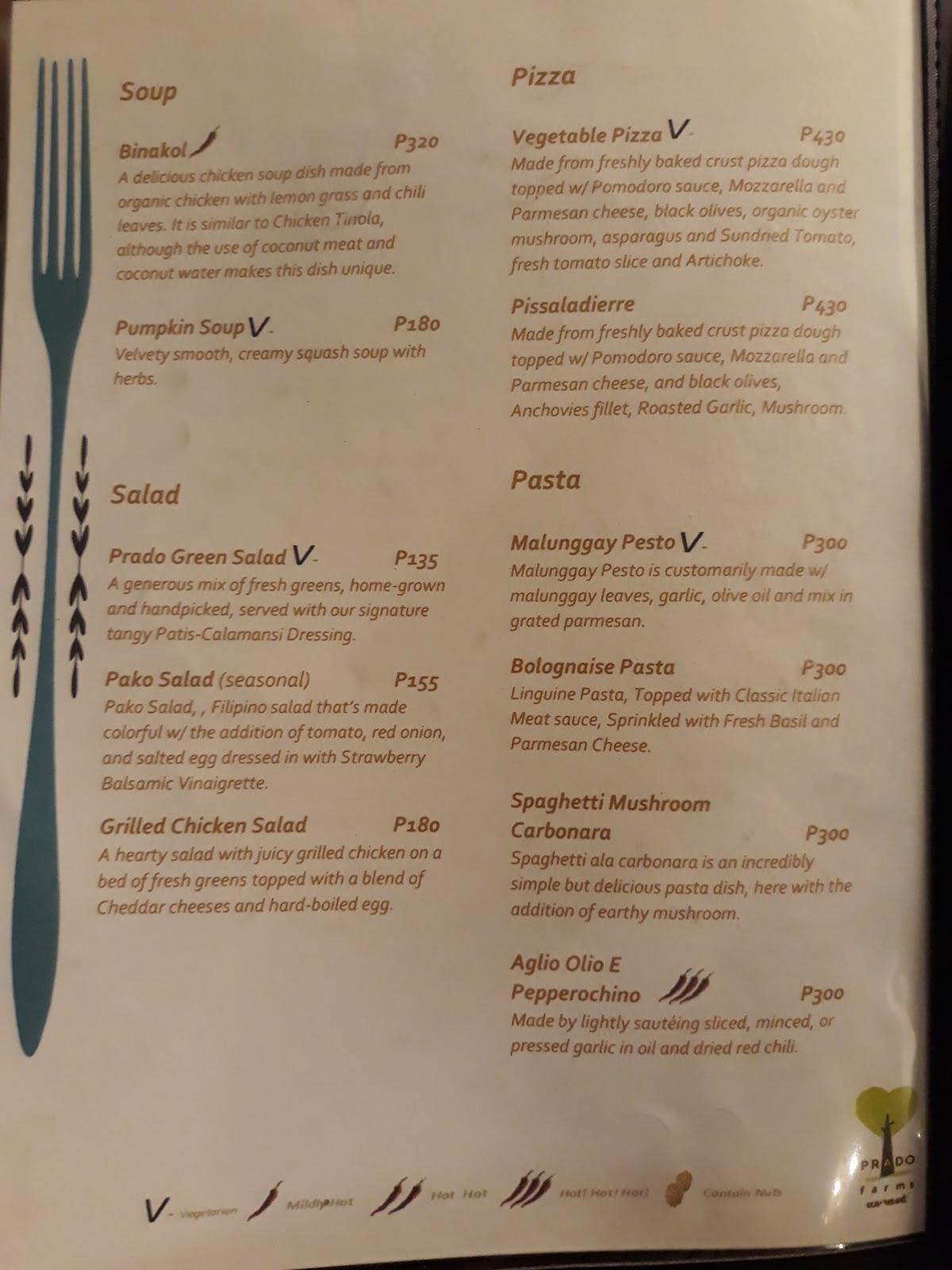 Menu at Prado Cafe, Lubao
