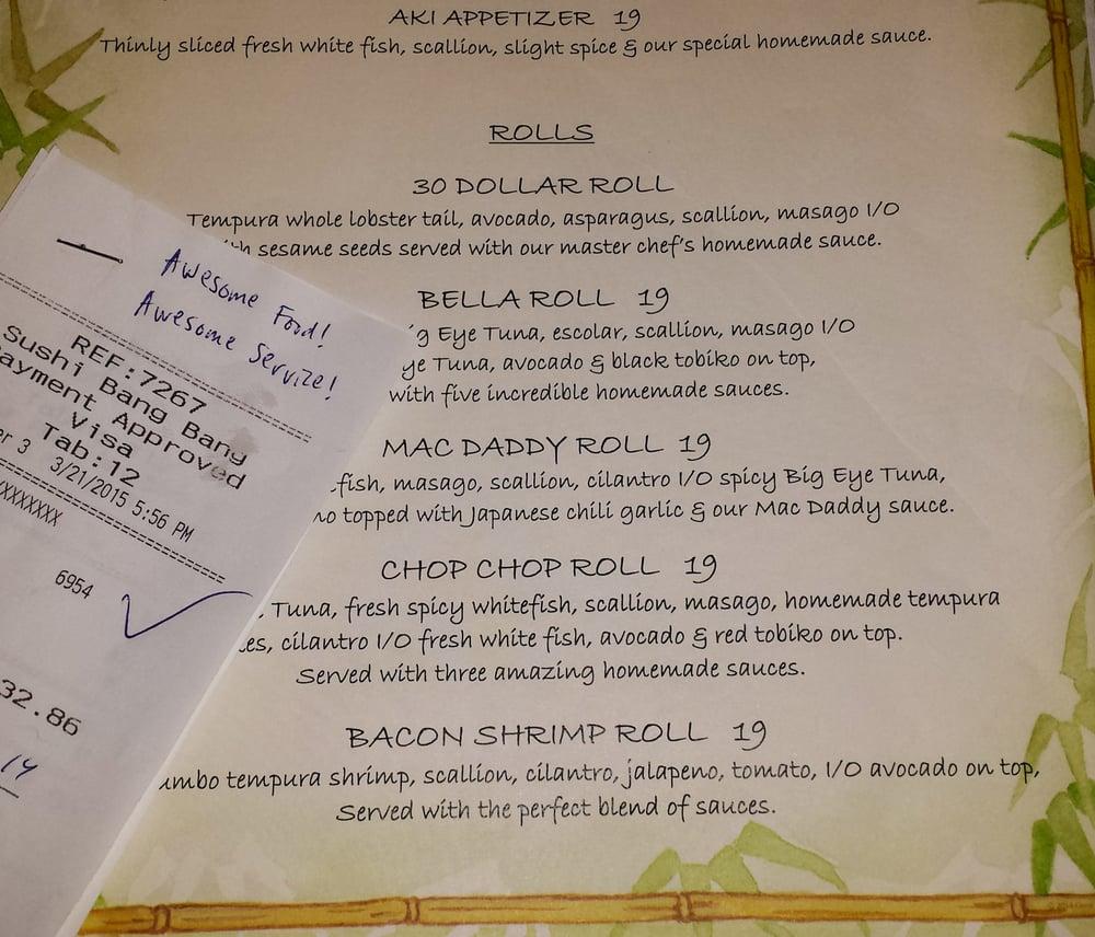 Menu at Sushi Bang Bang restaurant, Boynton Beach
