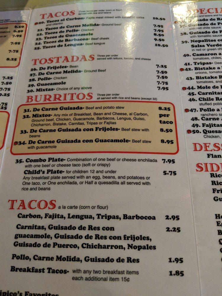 Menu at Tipico's restaurant, Dallas