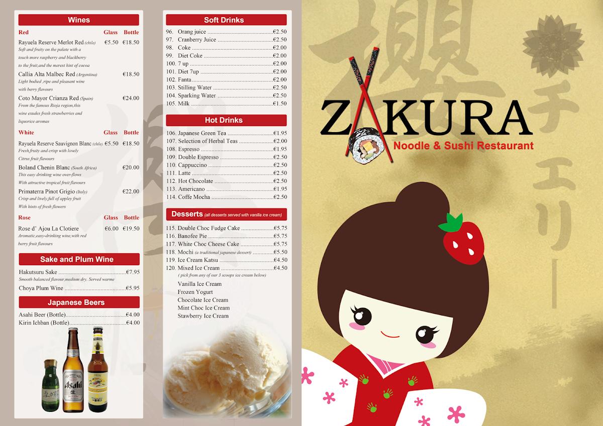 Menu at Zakura Noodle & Sushi Restaurant, Dublin, 13 Wexford St