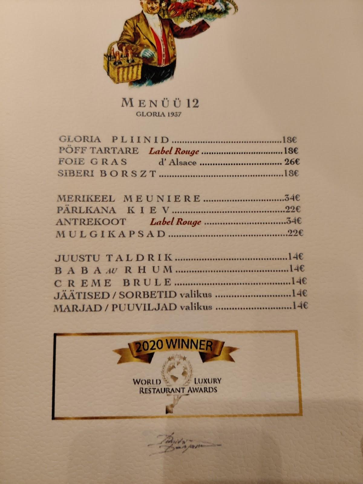 Menu at Gloria restaurant, Tallinn