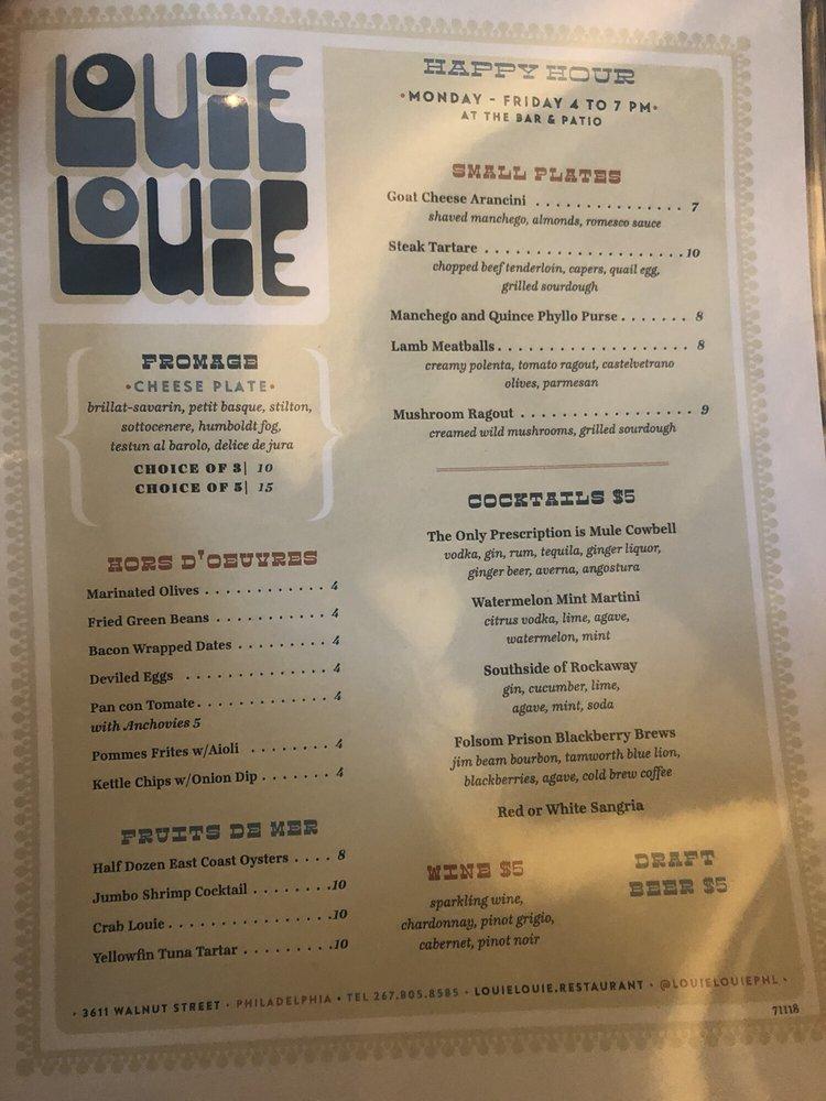 Menu at Louie Louie restaurant, Philadelphia