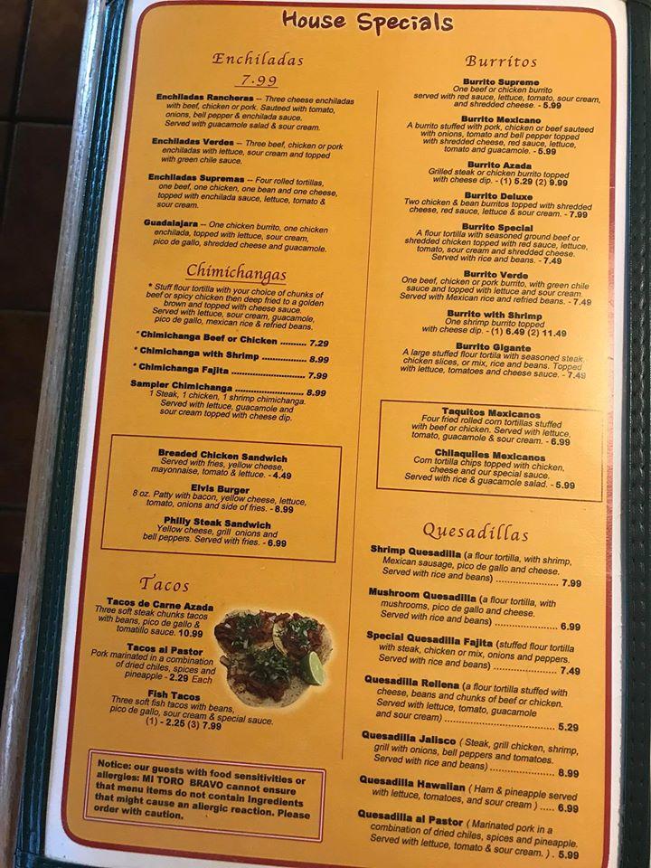 Menu at Mi Toro Bravo restaurant, Saltillo, 143 City Market Dr