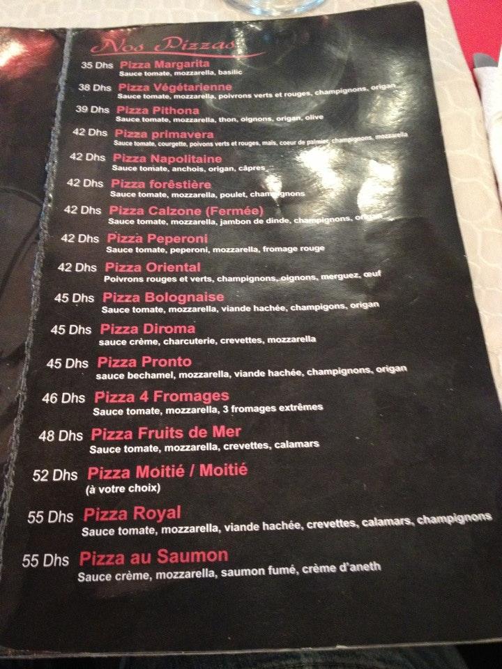 Menu at Pronto Pizza restaurant, Casablanca, 41 Rue Daoud Dahiri