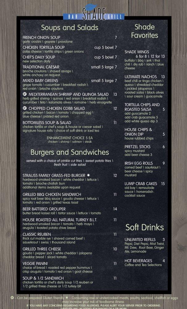 Menu at Shade pub & bar, Orlando