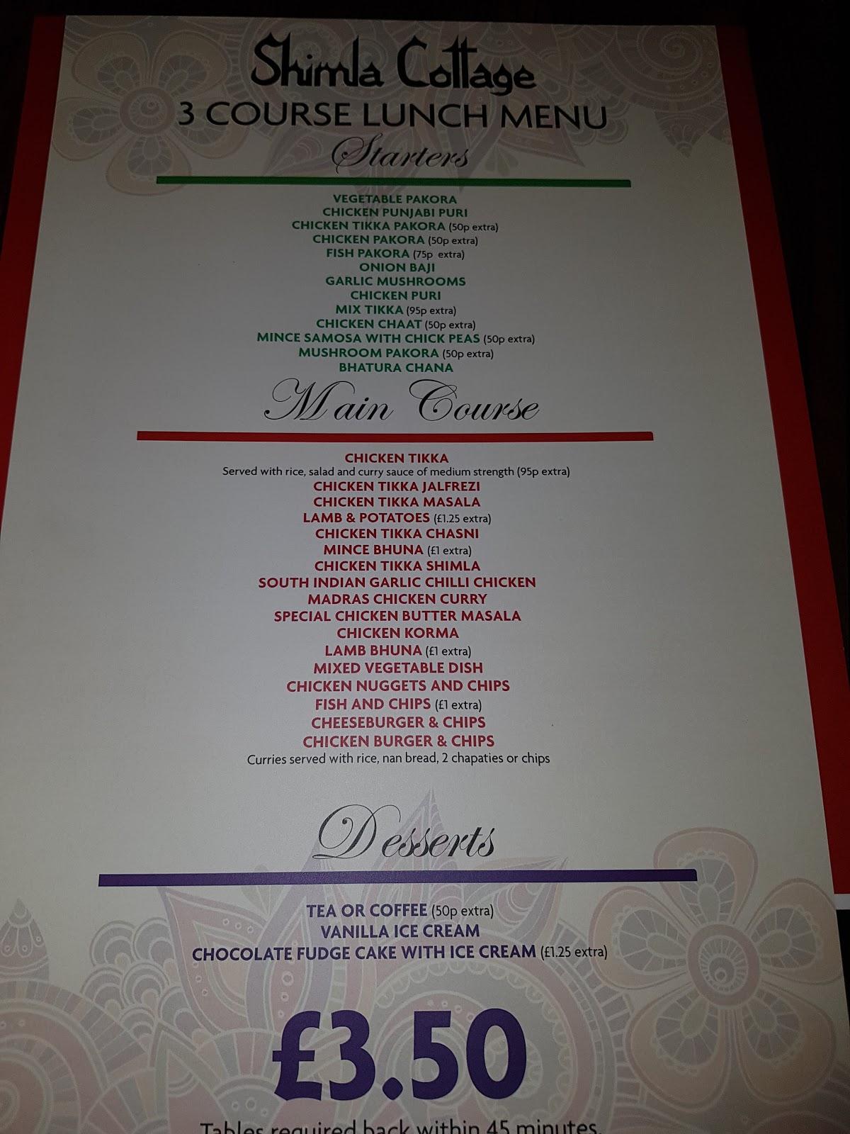 Menu at Shimla Cottage restaurant, Coatbridge