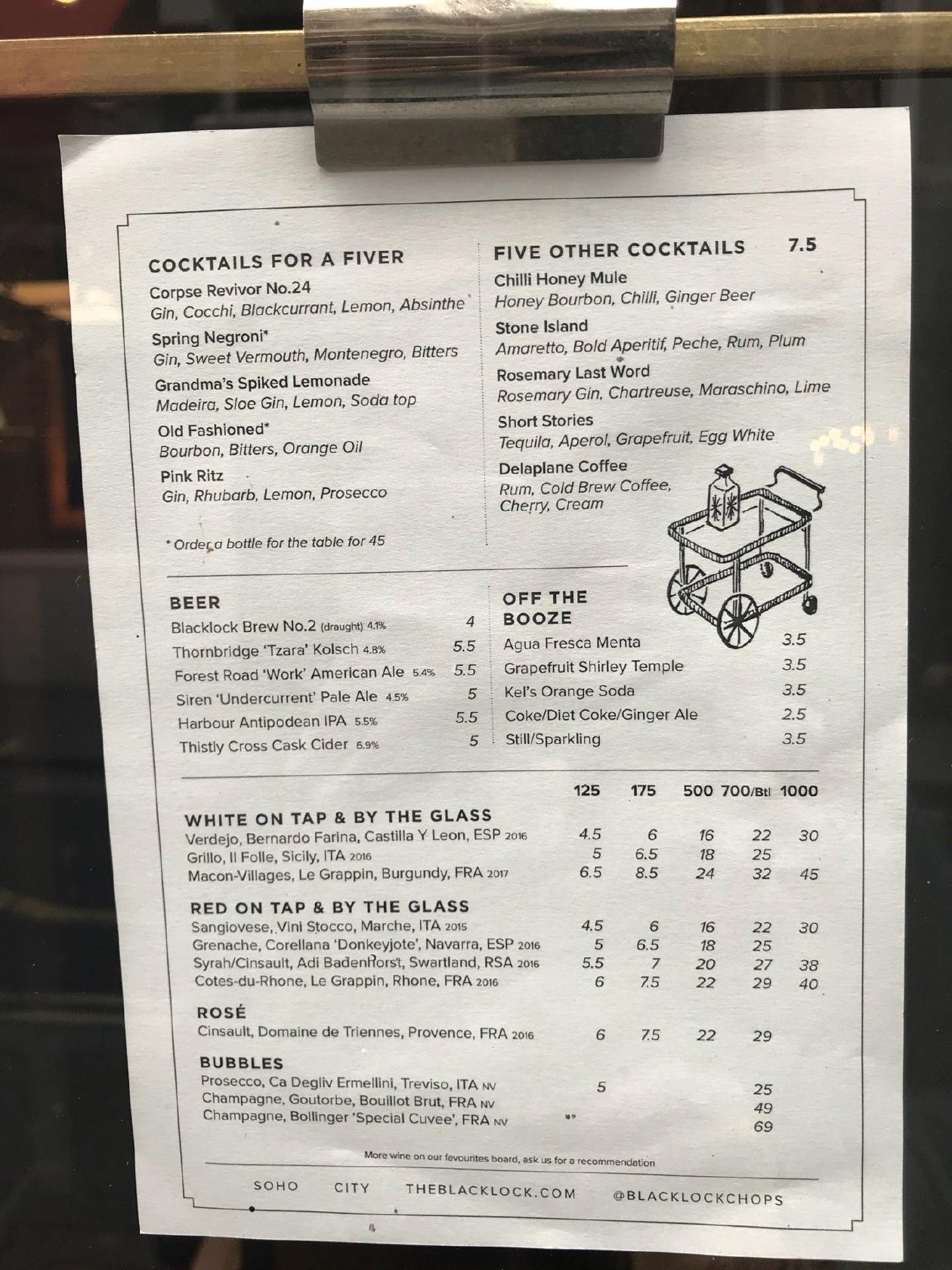 Menu at Blacklock Soho pub & bar, London, 24 Great Windmill St