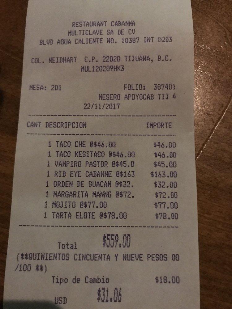 Menu at Cabanna restaurant, Tijuana