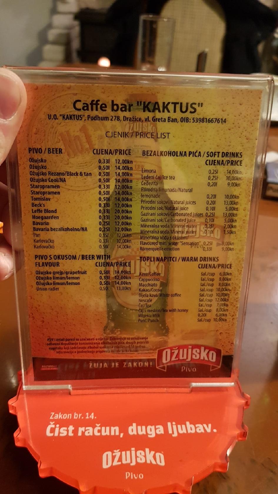 Menu at Caffe bar Kaktus, Podhum