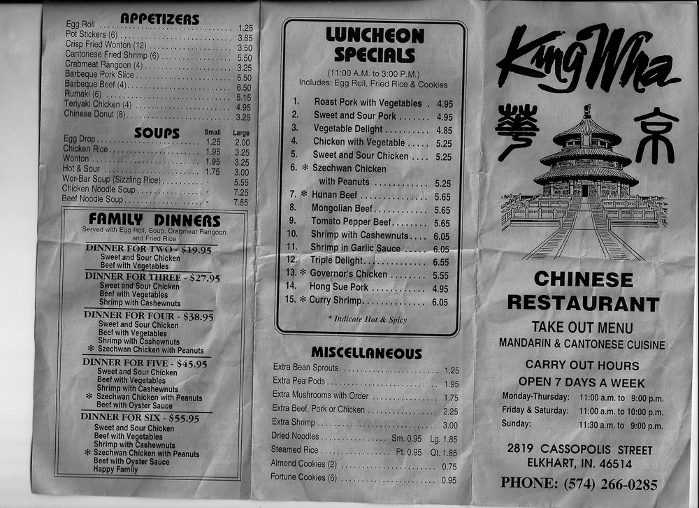 Menu at King Wha Chinese Restaurant, Elkhart