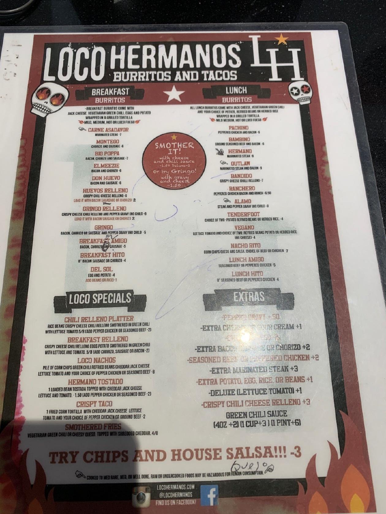 Menu at Loco Hermanos restaurant, Louisville