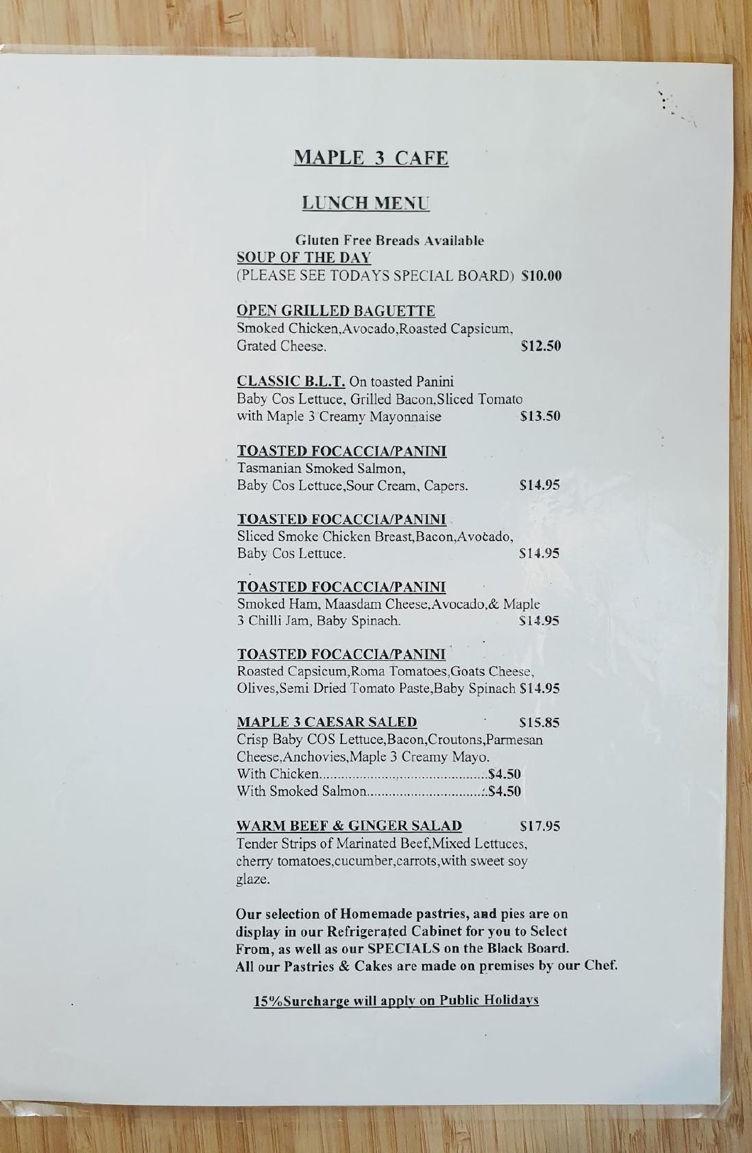 Menu at Maple 3 Cafe, Maleny