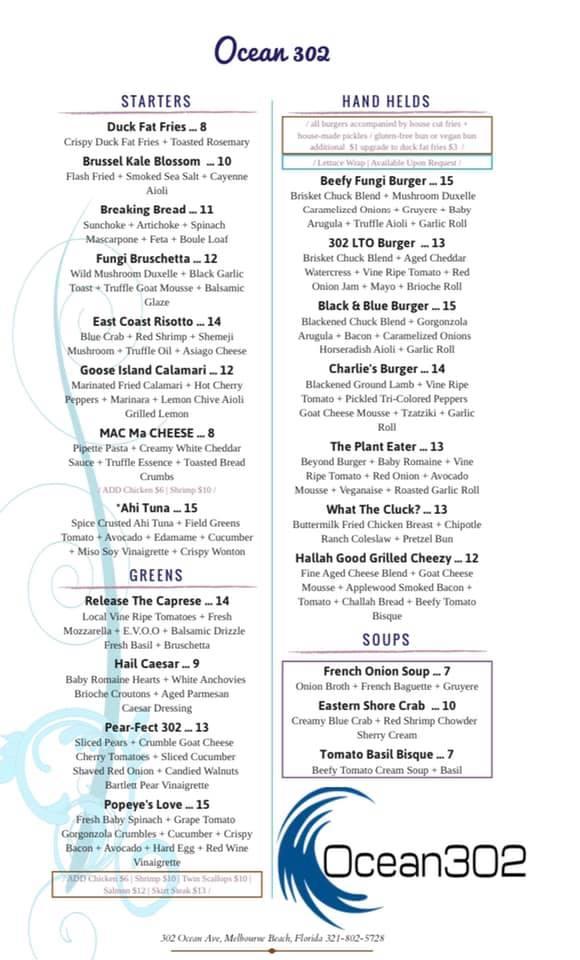 Menu at Ocean 302 steakhouse, Melbourne Beach