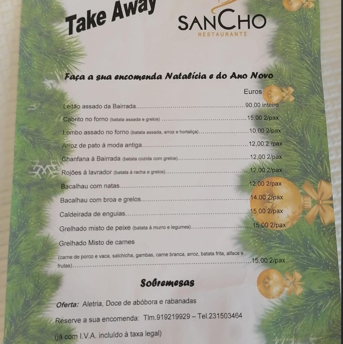 Menu em O Sancho restaurante, Aguim, Estrada Nacional n:1 N:38