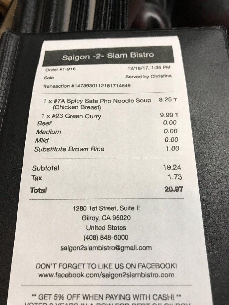 Menu at Saigon -2- Siam Bistro restaurant, Gilroy